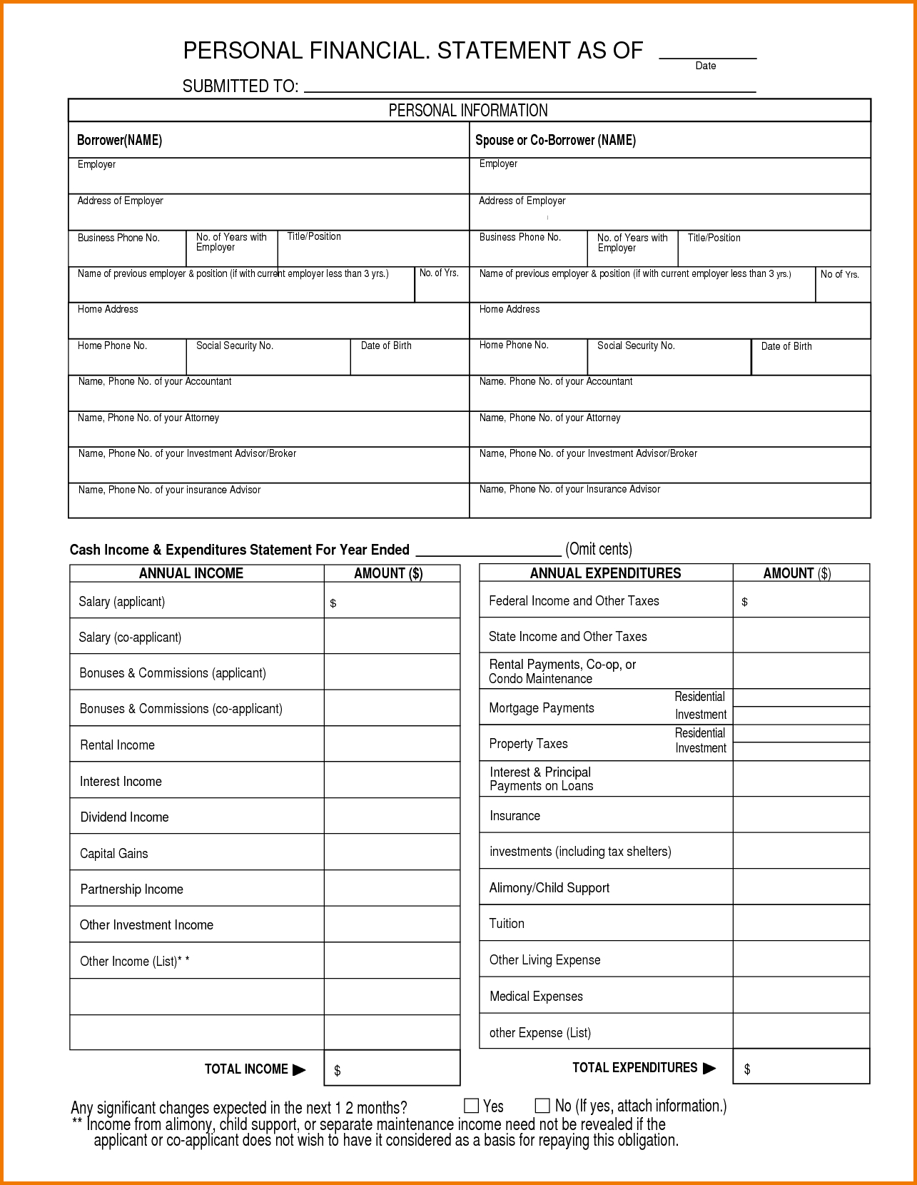 Personal Financial Statement Worksheet