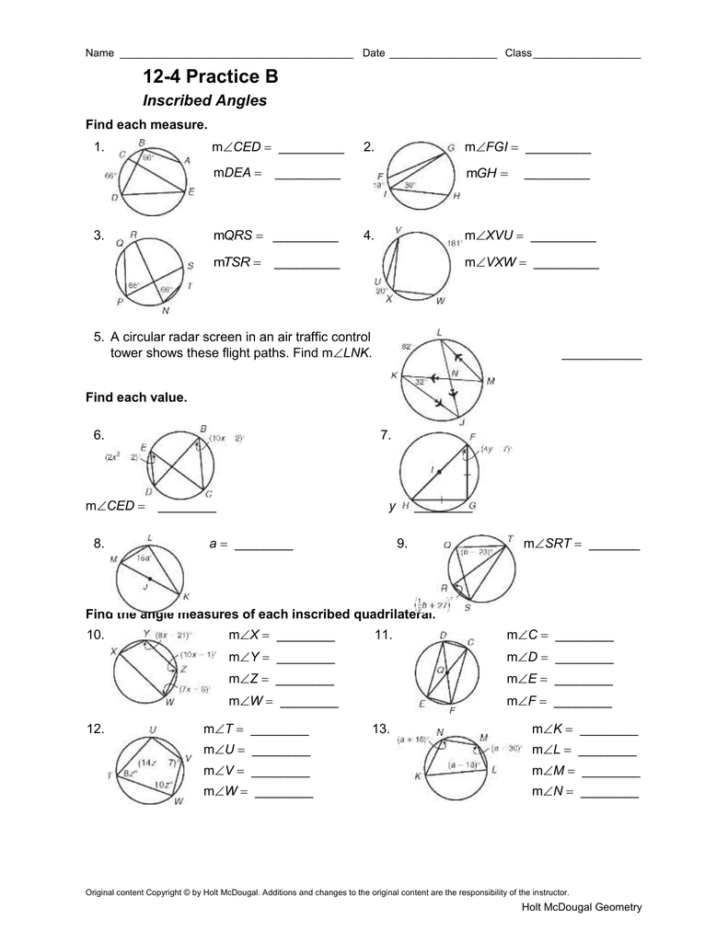 9 4 Practice Worksheet Inscribed Angles — db-excel.com