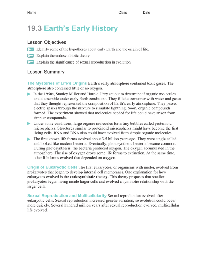The History Of Life On Earth Worksheet Answers — db-excel.com