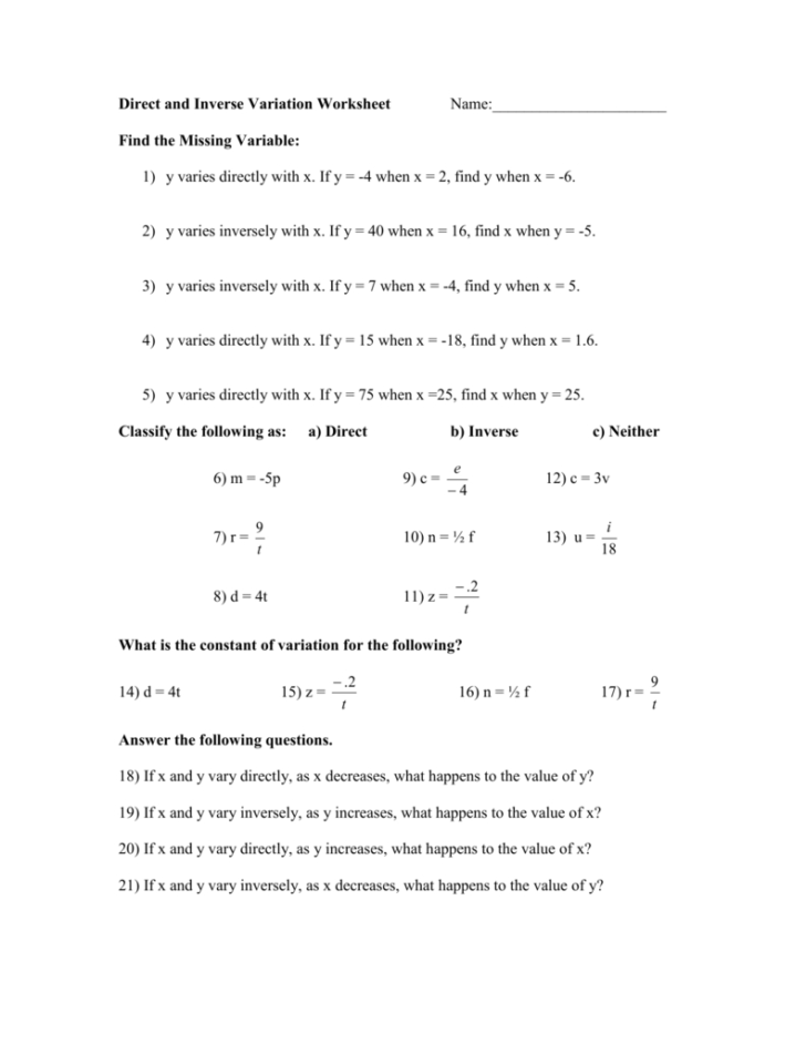 Direct And Inverse Variation Worksheet With Answers — db-excel.com