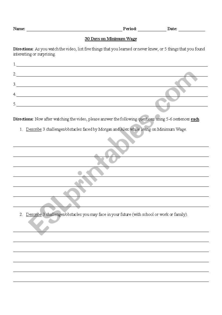 30 Days Living On Minimum Wage Worksheet — db-excel.com