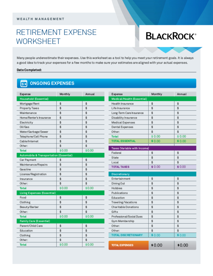 Blackrock Retirement Expense Worksheet — db-excel.com
