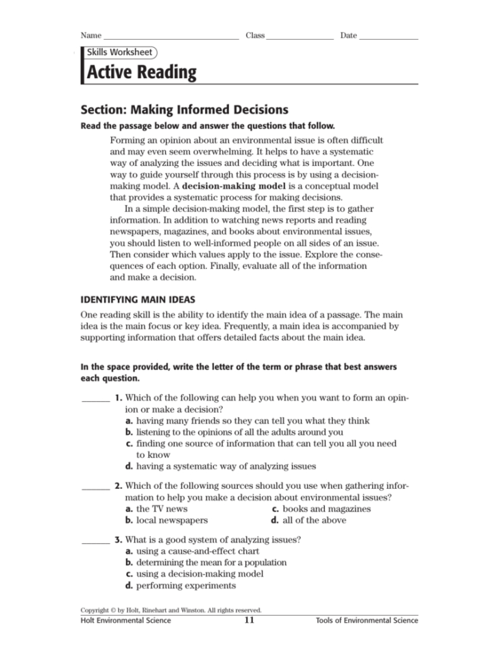 Holt Environmental Science Skills Worksheet Active Reading Answer Key Holt Environmental Science Skills Worksheet Active Reading Answer Key