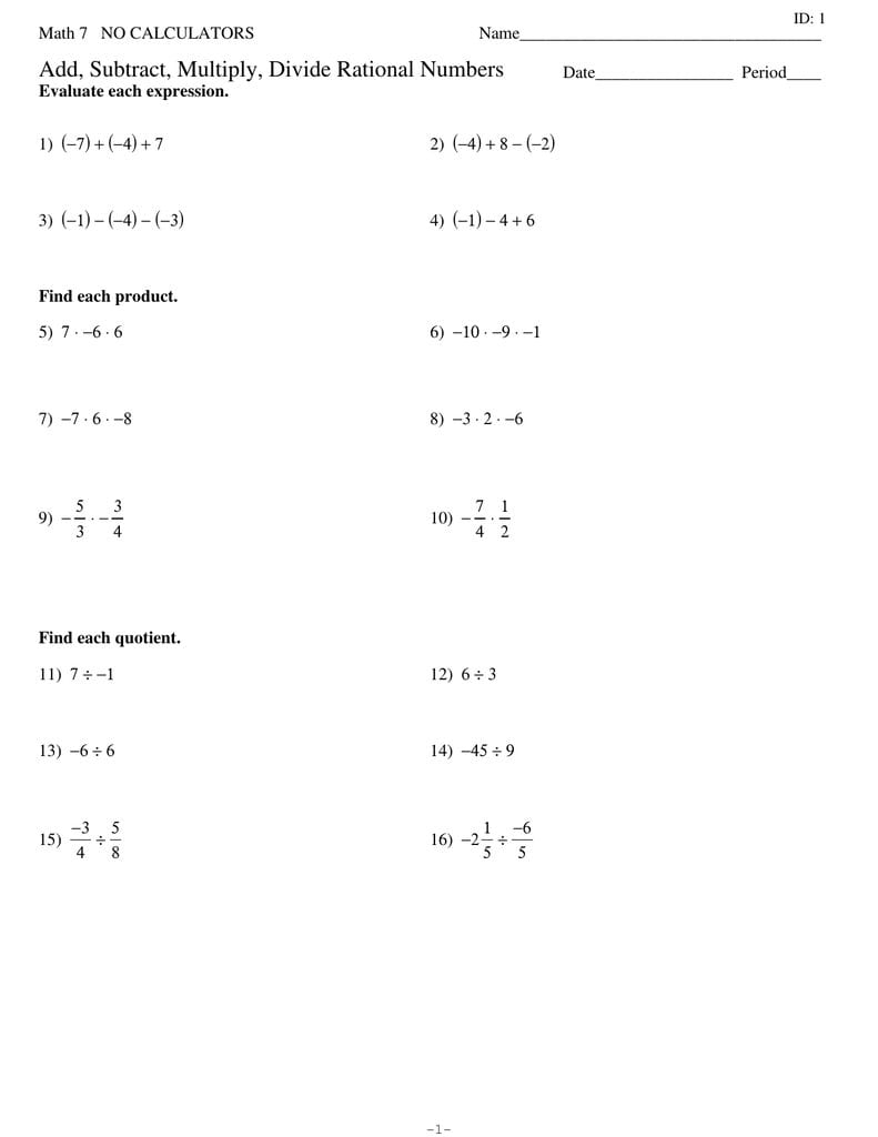Add Subtract Multiply Divide Rational Numbers Db excel