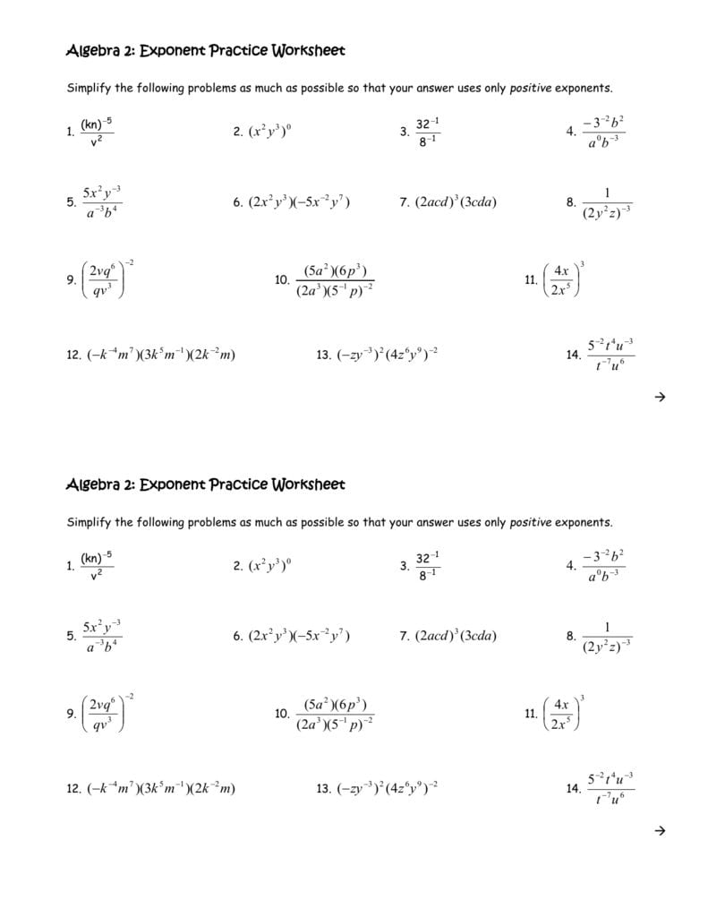 Algebra 2 Exponent Practice Worksheet Answers Db excel