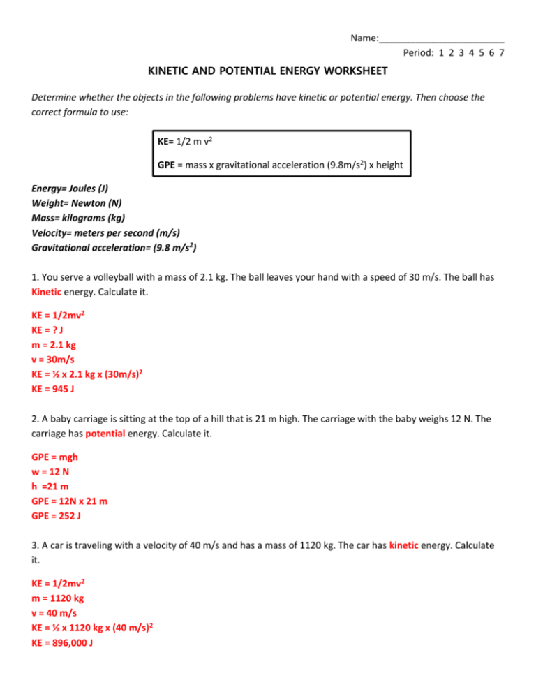 Kinetic And Potential Energy Worksheet Answer Key — db-excel.com
