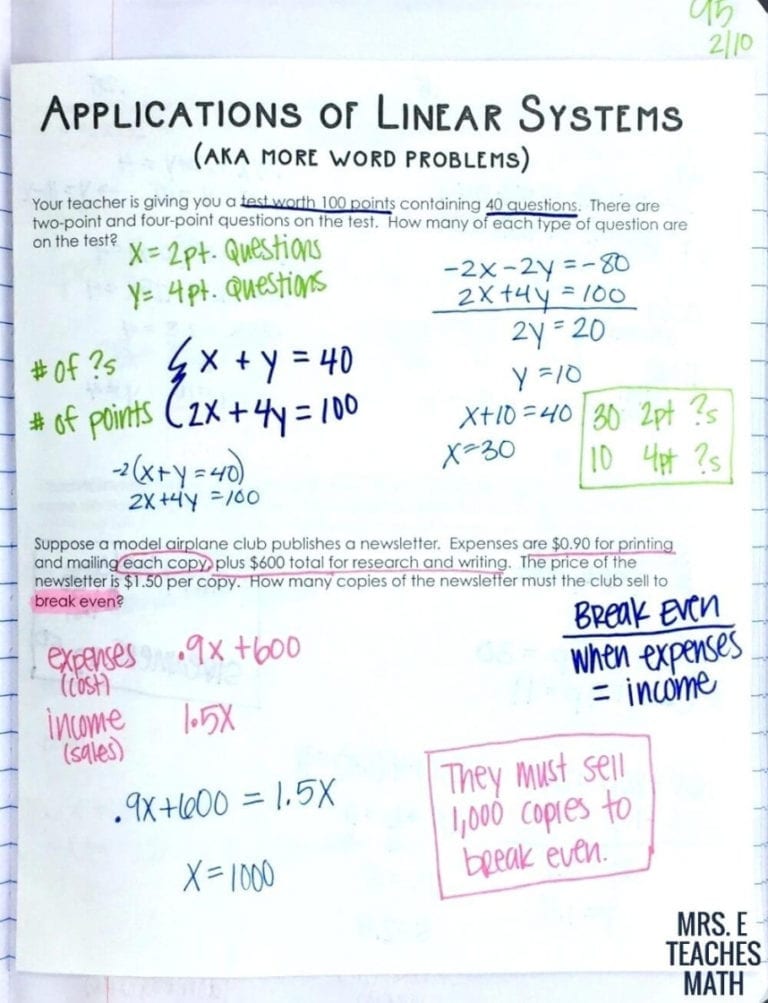 Systems Of Linear Equations Word Problems Worksheet Answers Db excel