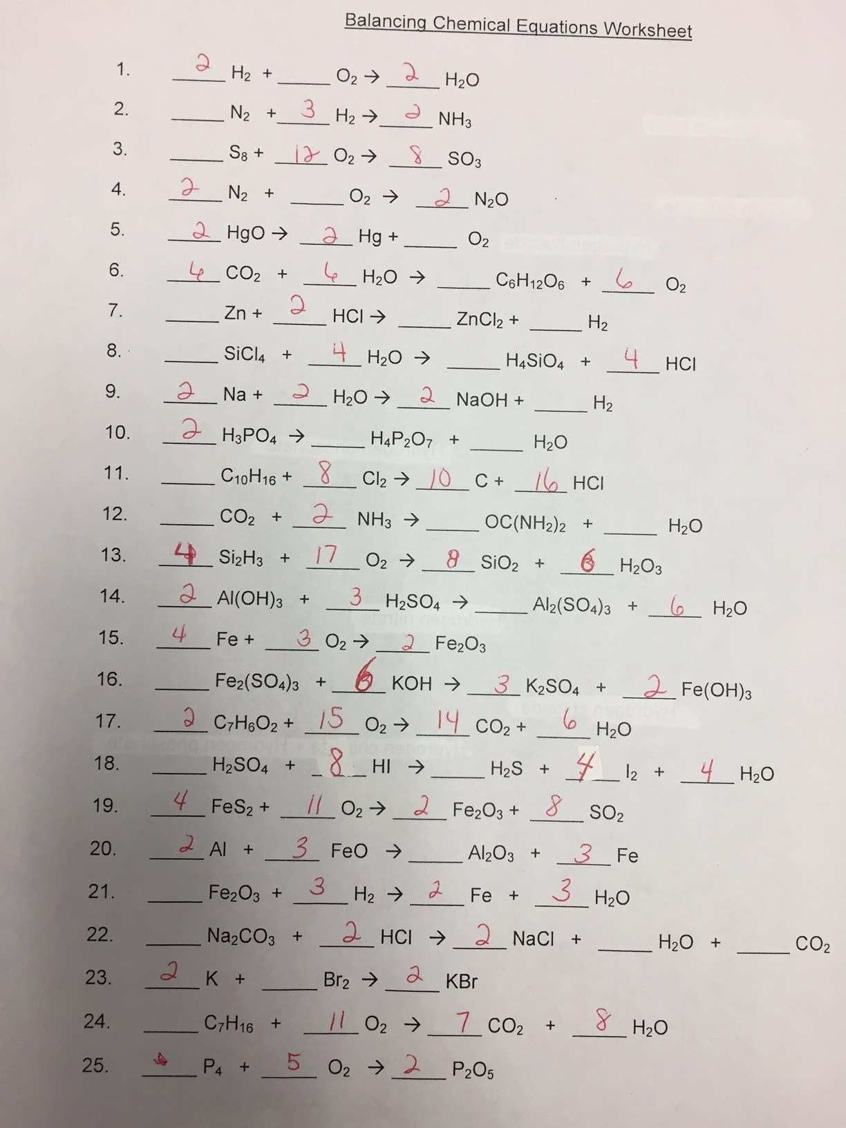 Balancing Chemical Equations Worksheet Answer Key 1 25 Db excel