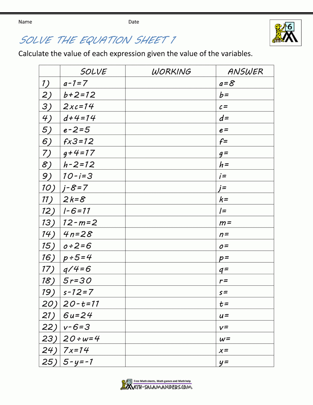 Math Algebra Worksheets Db excel