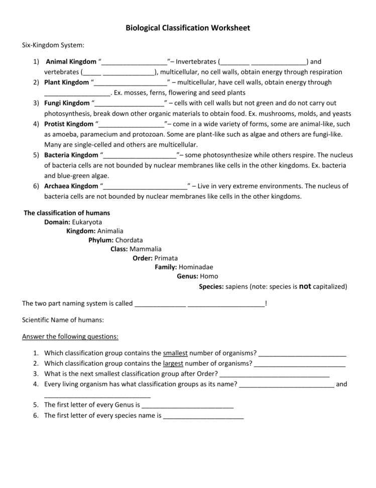 Biological Classification Worksheet — db-excel.com