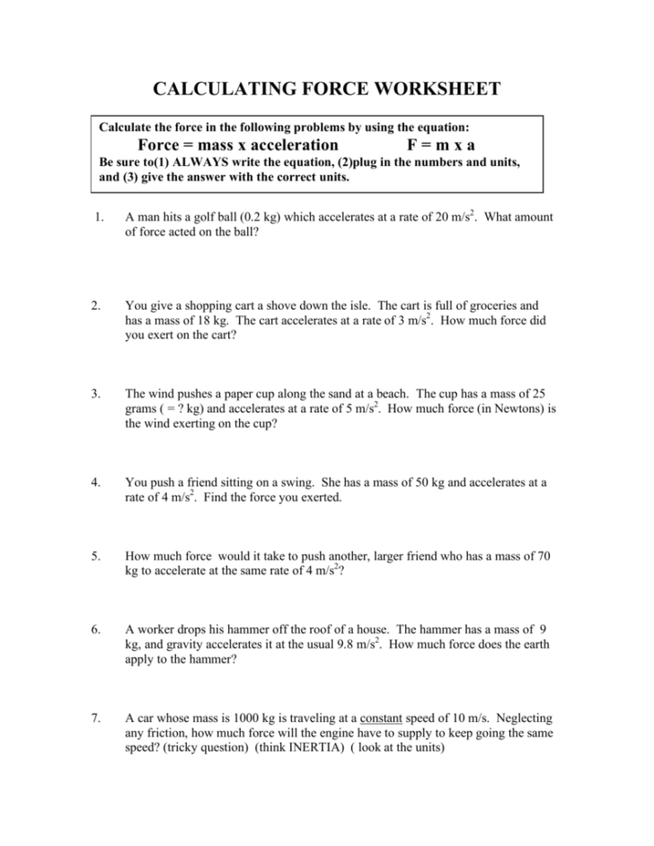 Force And Acceleration Worksheet Answers — db-excel.com
