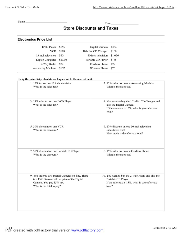 Calculating Sales Tax Worksheet — db-excel.com