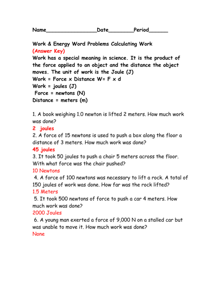 Calculating Work Worksheetanswer Key — db-excel.com