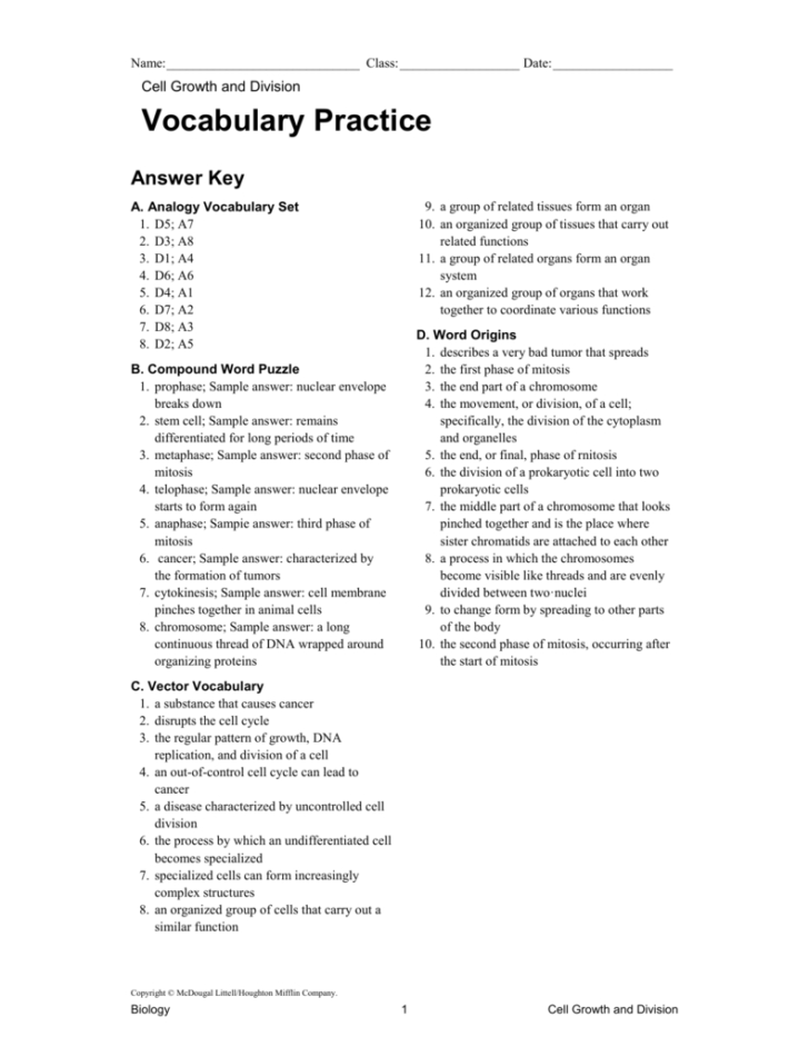 Chapter 4 Cells And Energy Vocabulary Practice Worksheet Answer Key ...