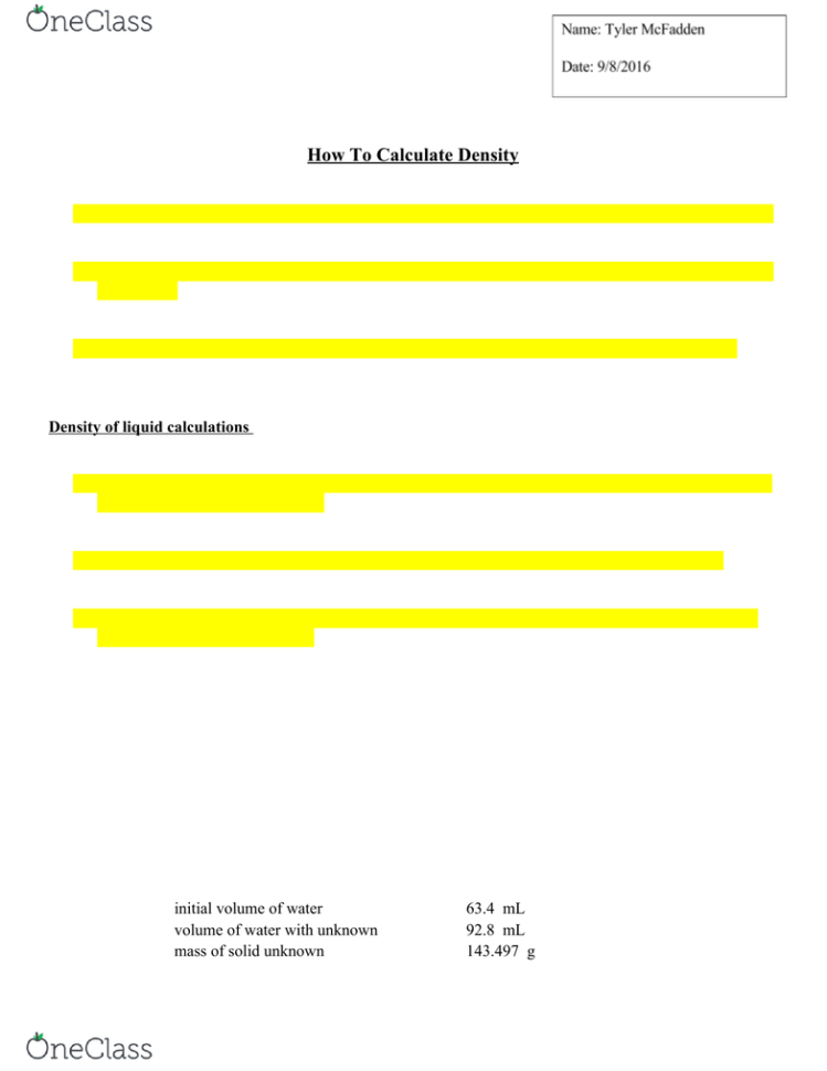 Che 1110 Lecture 4 Calculating Density Worksheet Oneclass — Db