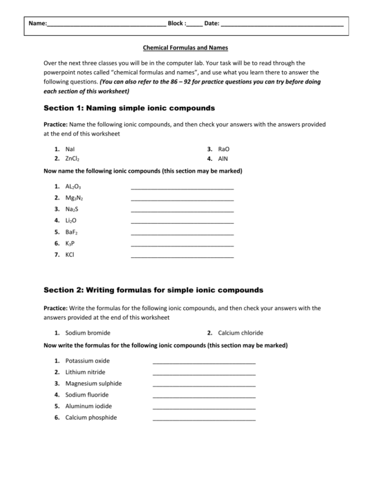 Chemical Formulas And Names Worksheet — db-excel.com
