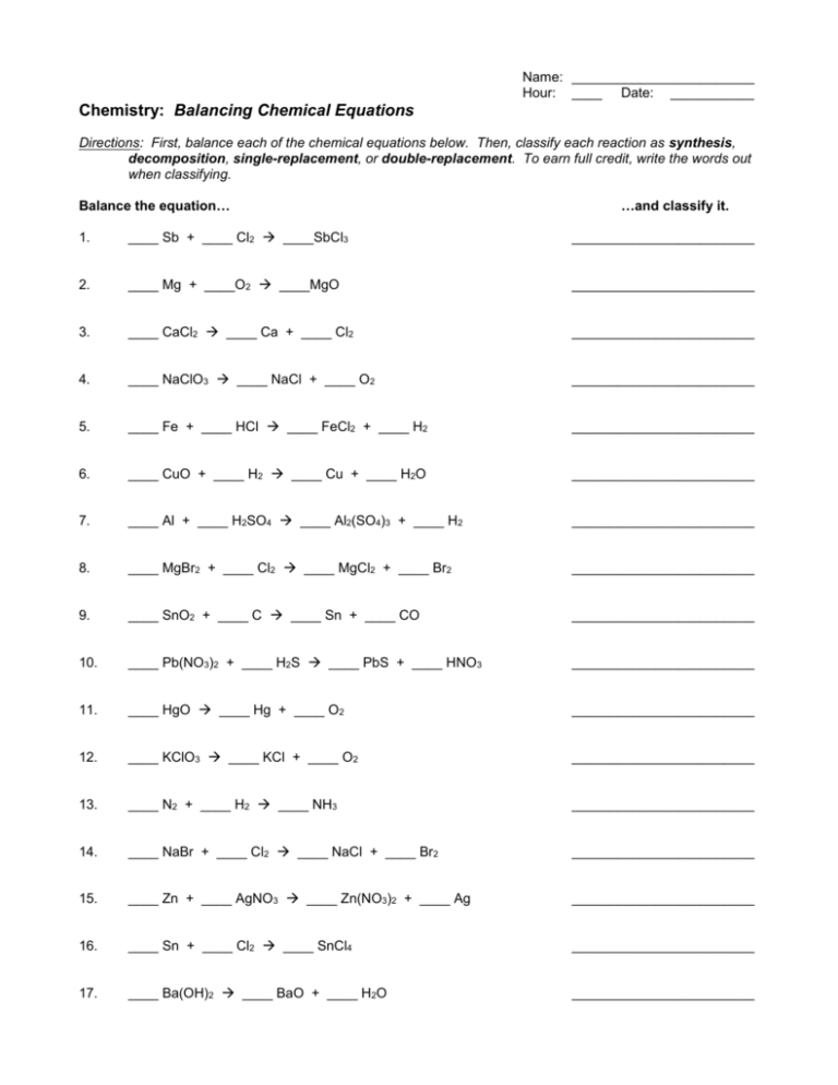 Balancing Chemical Equations Worksheet 2 Classifying Chemical Reactions ...