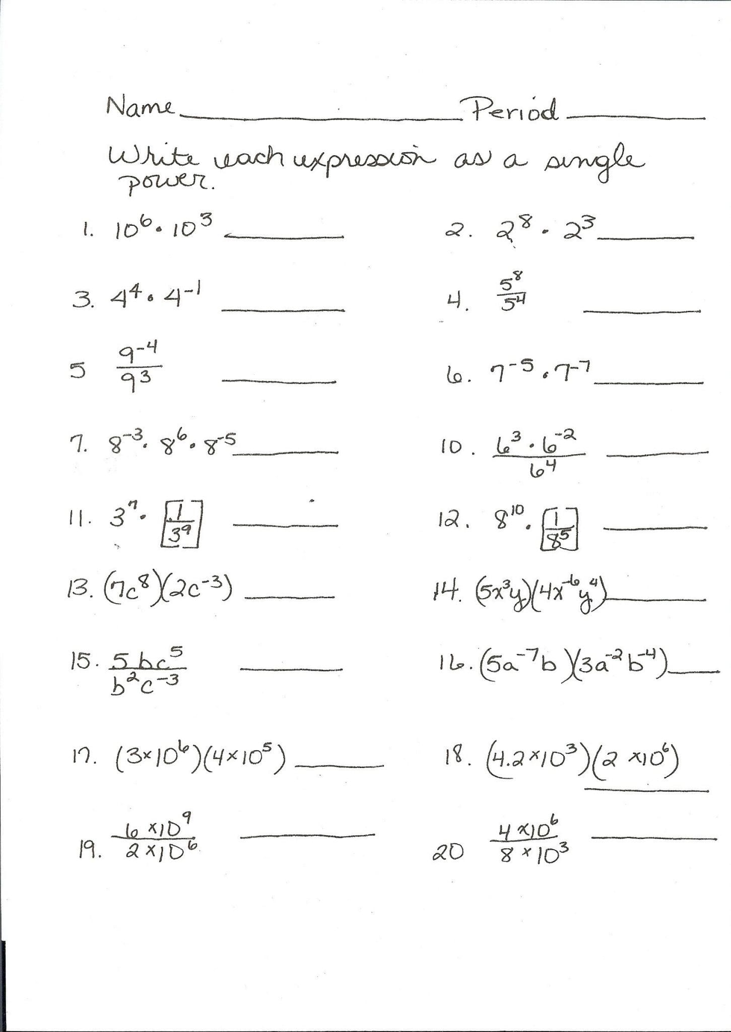 Laws Of Exponents Worksheet Grade 7 Pdf