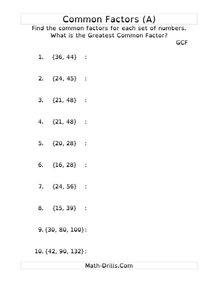 Greatest Common Factor Worksheets