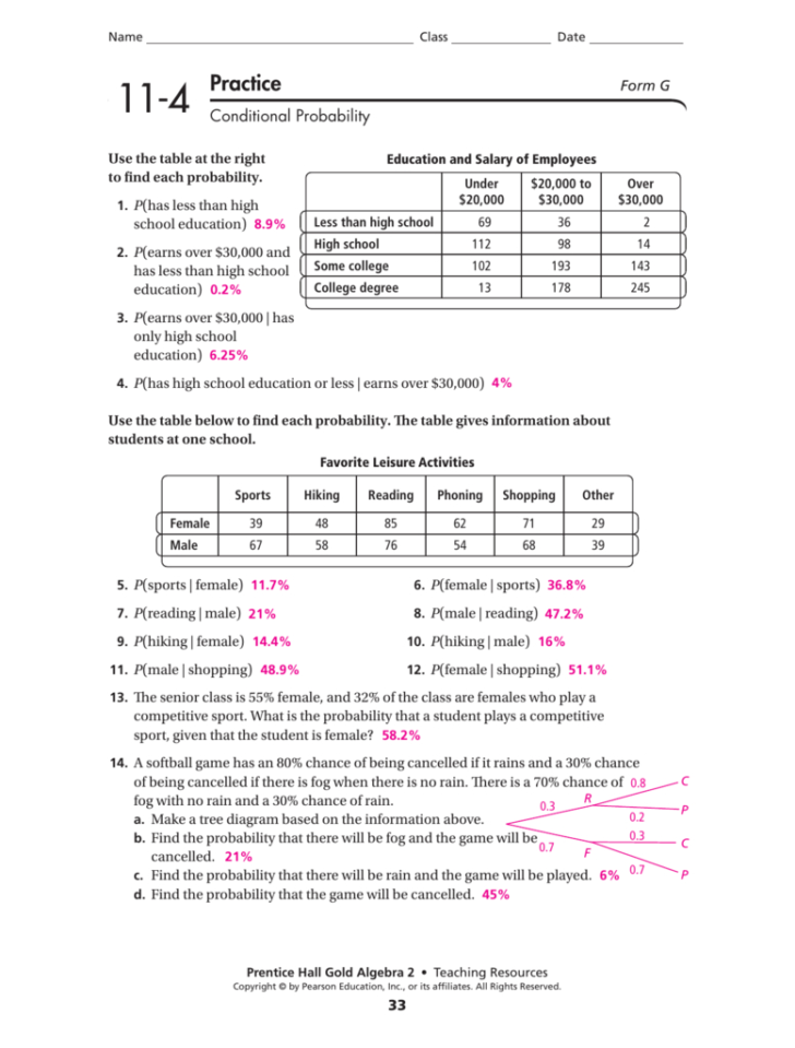 Conditional Probability Worksheet Answers Db excel