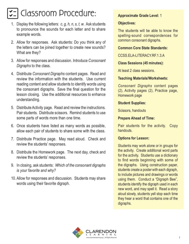 Consonant Digraphs Lesson Plan Clarendon Learning — db-excel.com