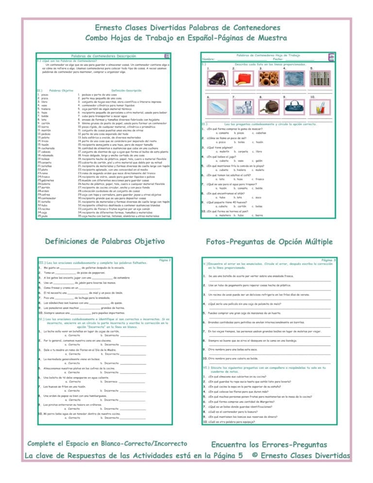 Container Words Combo Activities Spanish Worksheets — db-excel.com