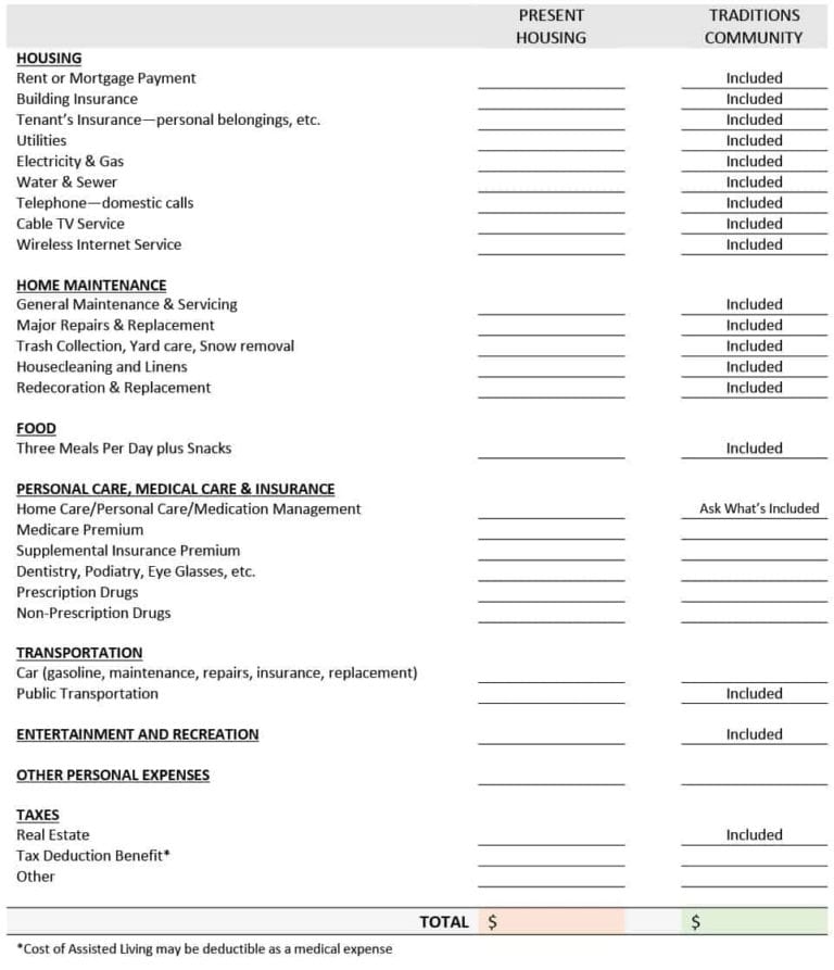 Assisted Living Cost Comparison Worksheet — db-excel.com