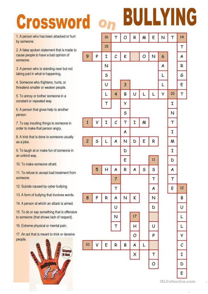Crossword On Bullying Key English Esl Worksheets — db-excel.com