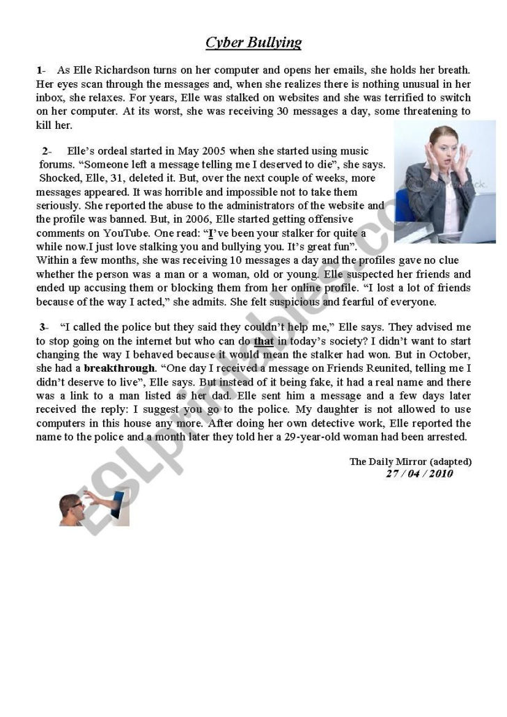 Cyber Bullying Reading Comprehension Esl Worksheetgaddeh — db-excel.com