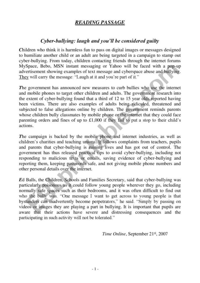 Cyberbullying Reading Comprehension Esl Worksheetisis49 — db-excel.com