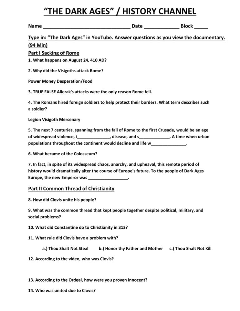 The Dark Ages Video Worksheet — db-excel.com