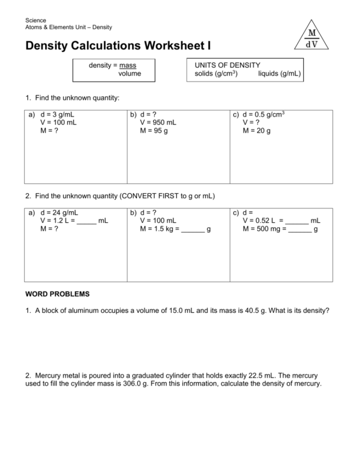 Density Calculations Worksheet I — db-excel.com