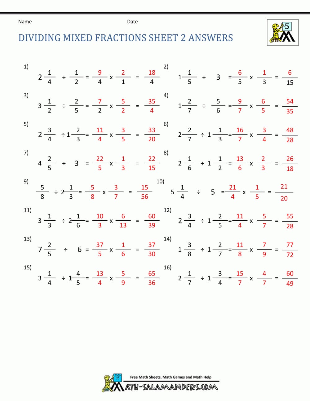 Dividing Mixed Numbers Worksheets