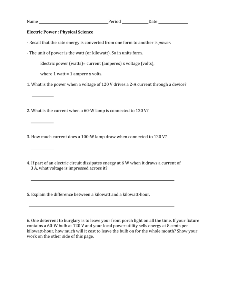 Calculating Electrical Energy And Cost Worksheet Answers — db-excel.com