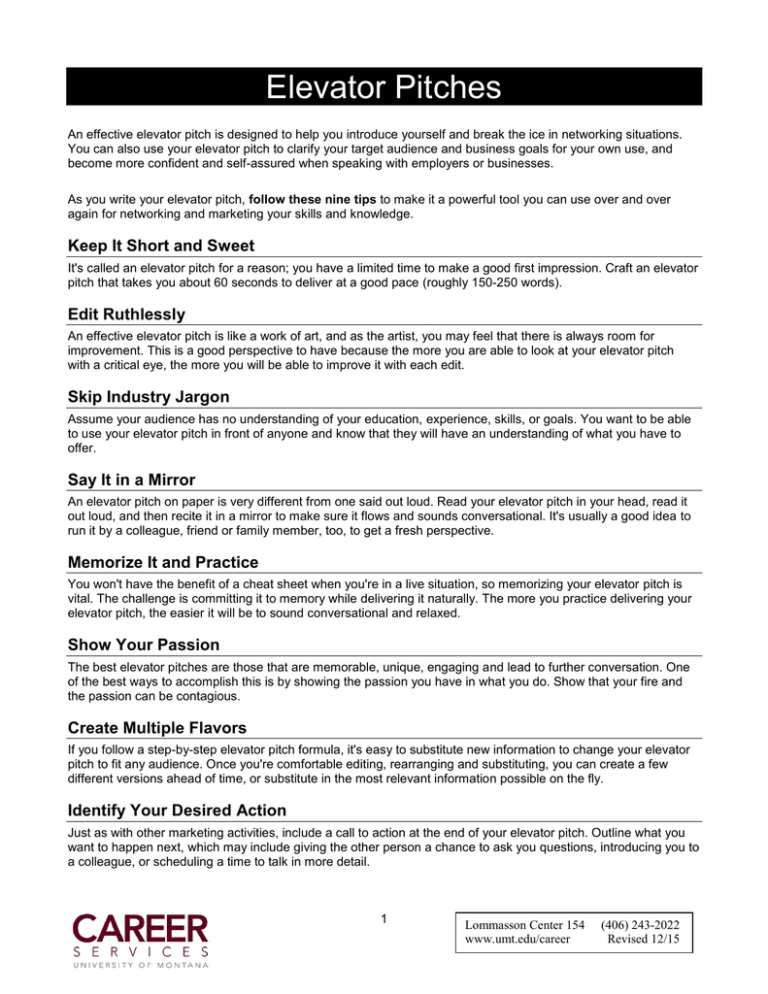 Elevator Speech Worksheet — db-excel.com