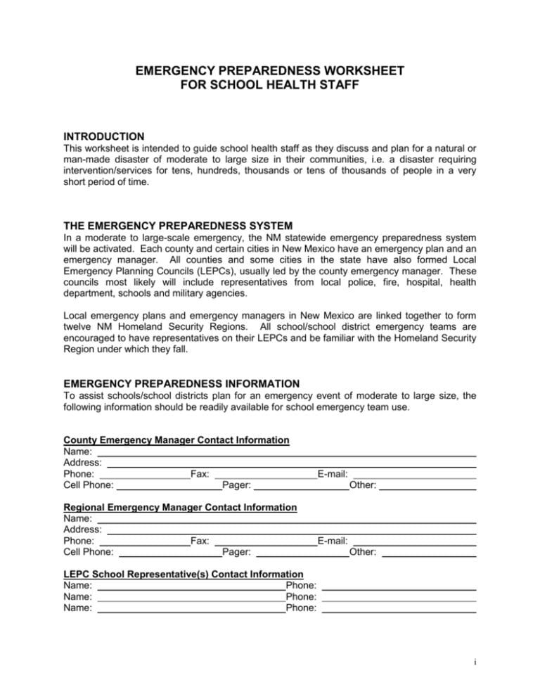 Emergency Preparedness Worksheet — db-excel.com