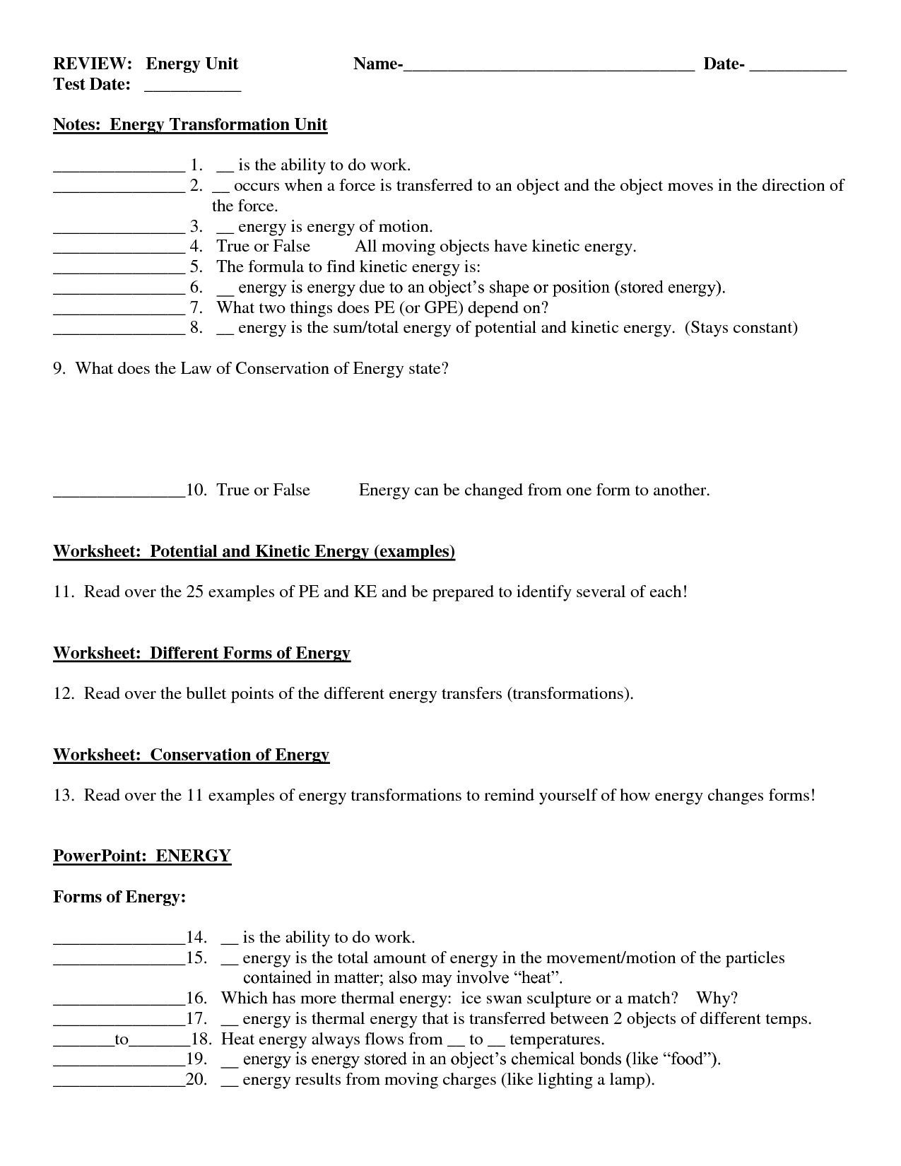Energy Transformation Worksheet Answer Key Db excel Energy Transformation Worksheet Answer Key Db excel