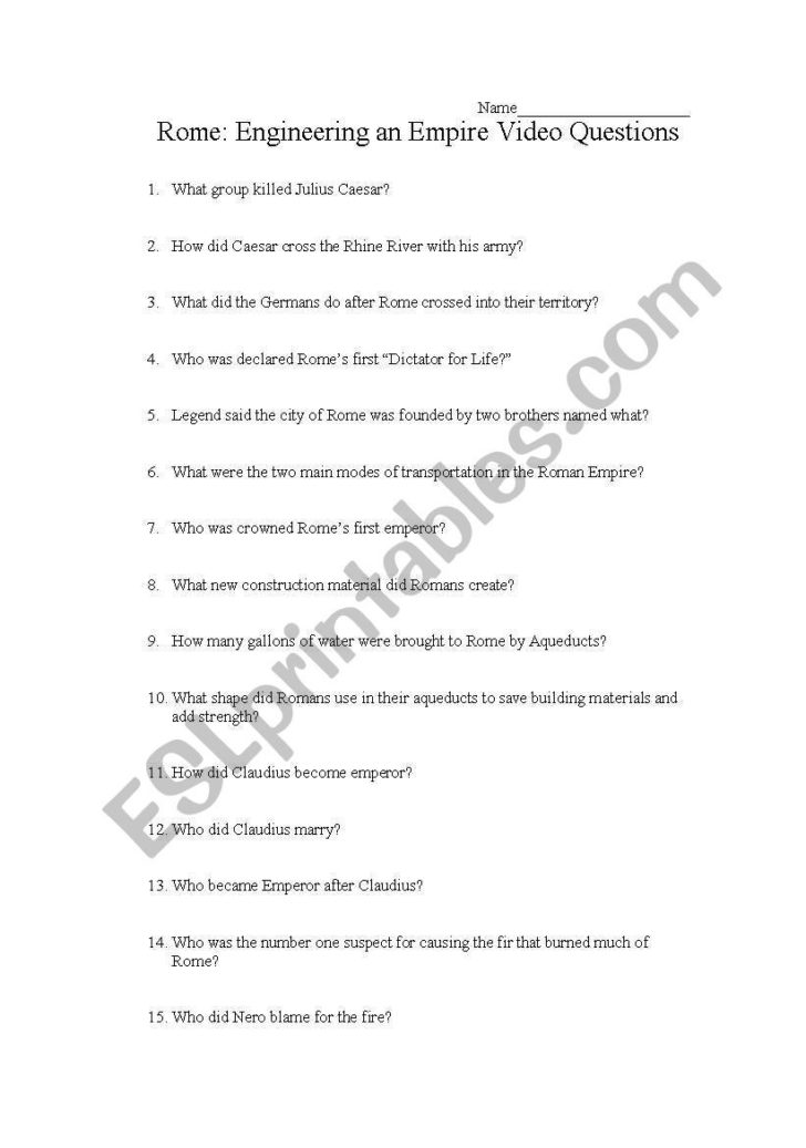 English Worksheets Engineering An Empire Rome Video Questions — db ...