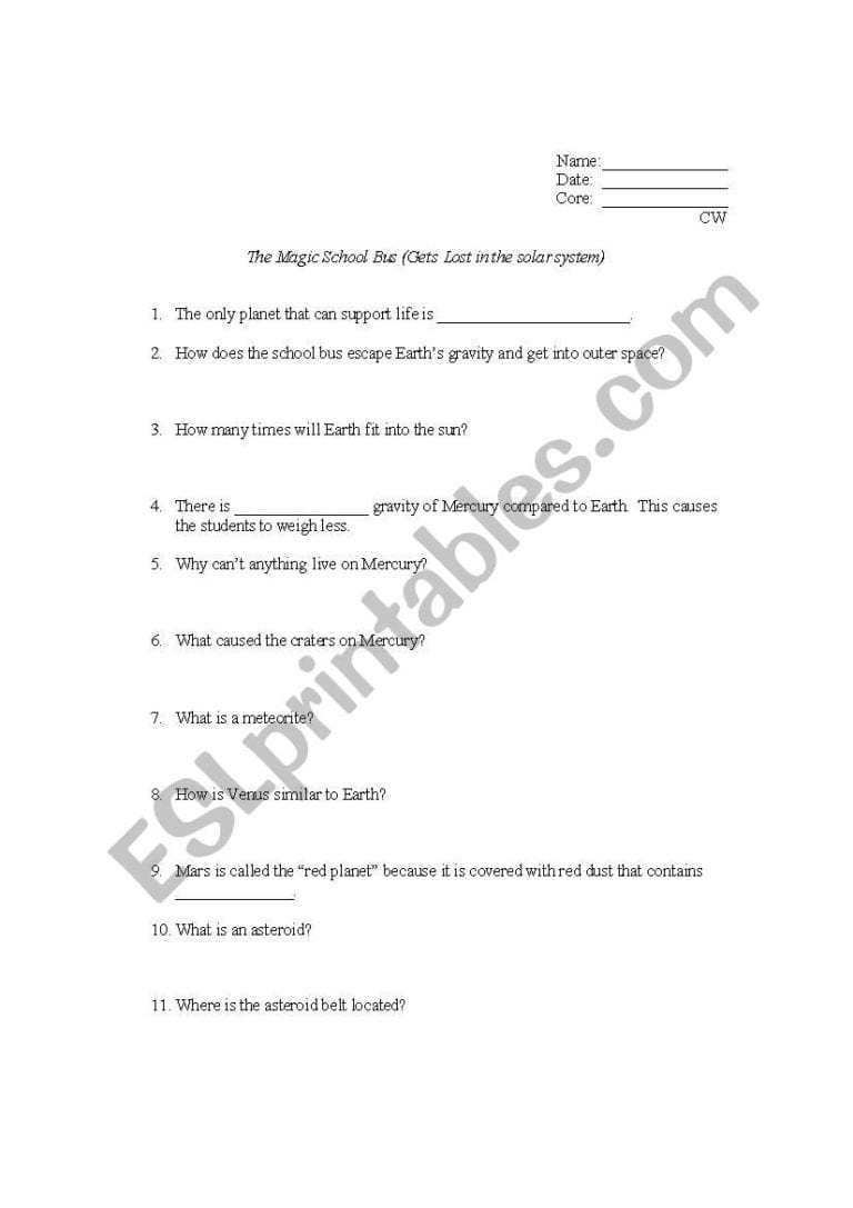 Magic School Bus Lost In The Solar System Worksheets — db-excel.com