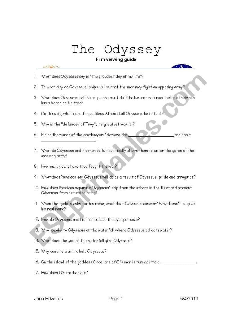 English Worksheets The Odyssey Film Guide — db-excel.com