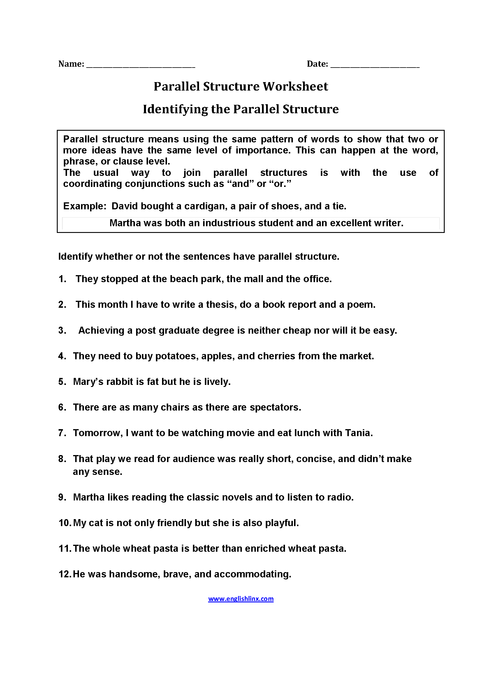 Parallel Structure Worksheet Db excel