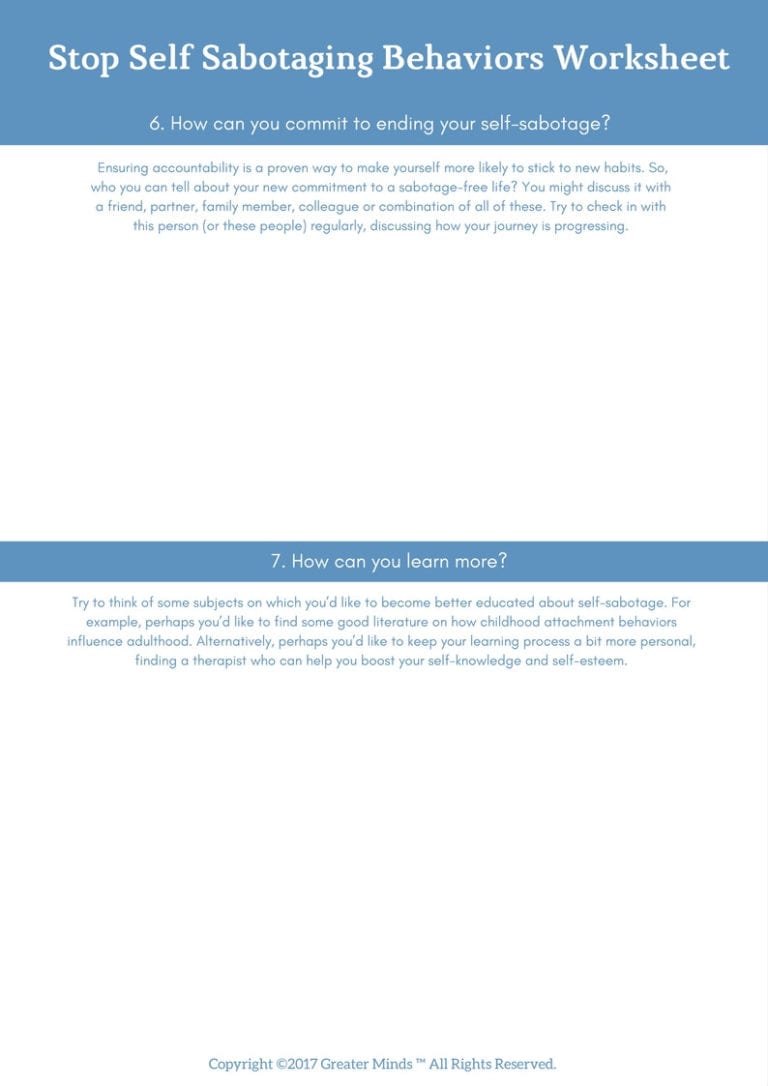 Self Sabotaging Behaviors Worksheets — db-excel.com