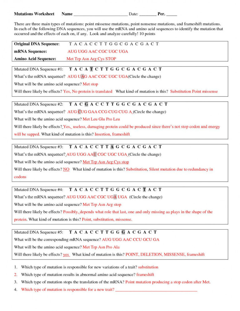 Gene Mutations Worksheet Lesson Plans Inc 2007 Answers — db-excel.com