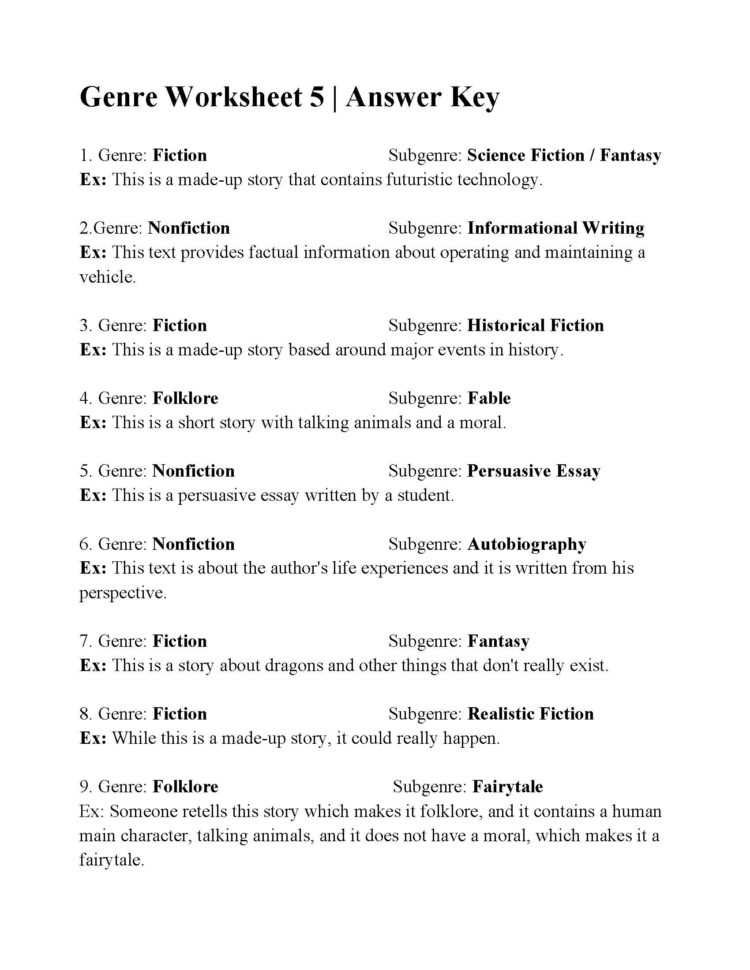 Genre Worksheet 5 Answers Db excel