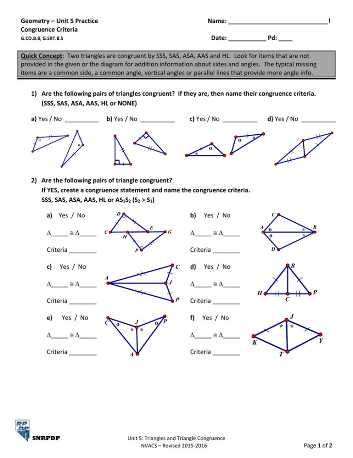 Geometry – Unit 5 Practice Name Congruence Criteria — db-excel.com Geometry – Unit 5 Practice Name Congruence Criteria — db-excel.com