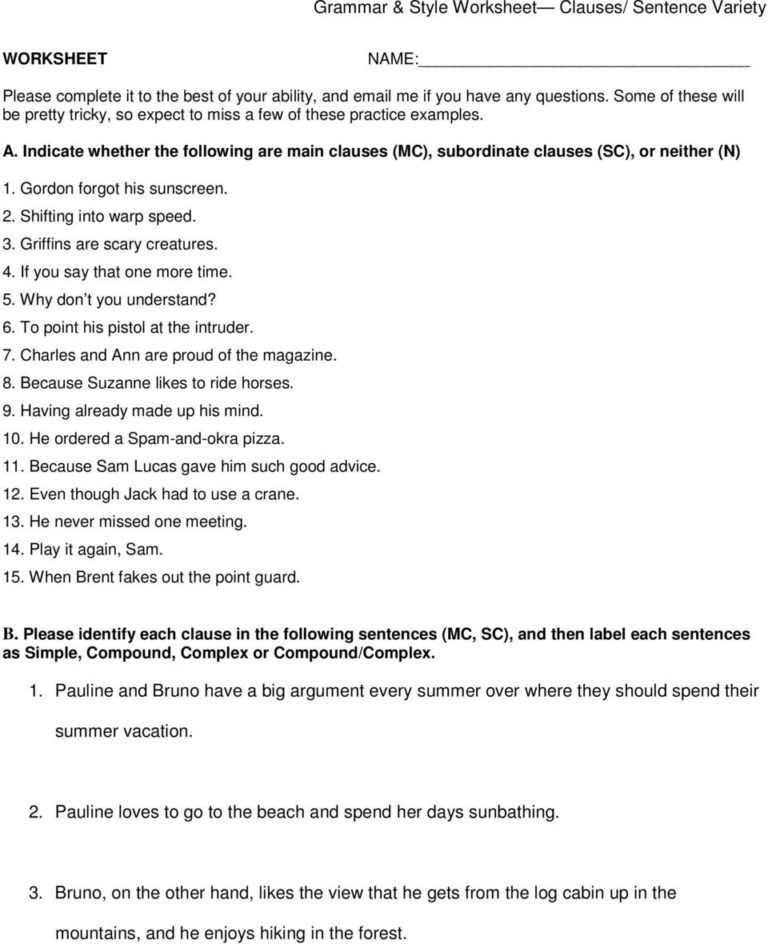 Grammar Style Worksheet Clauses Sentence Variety Pdf — db-excel.com
