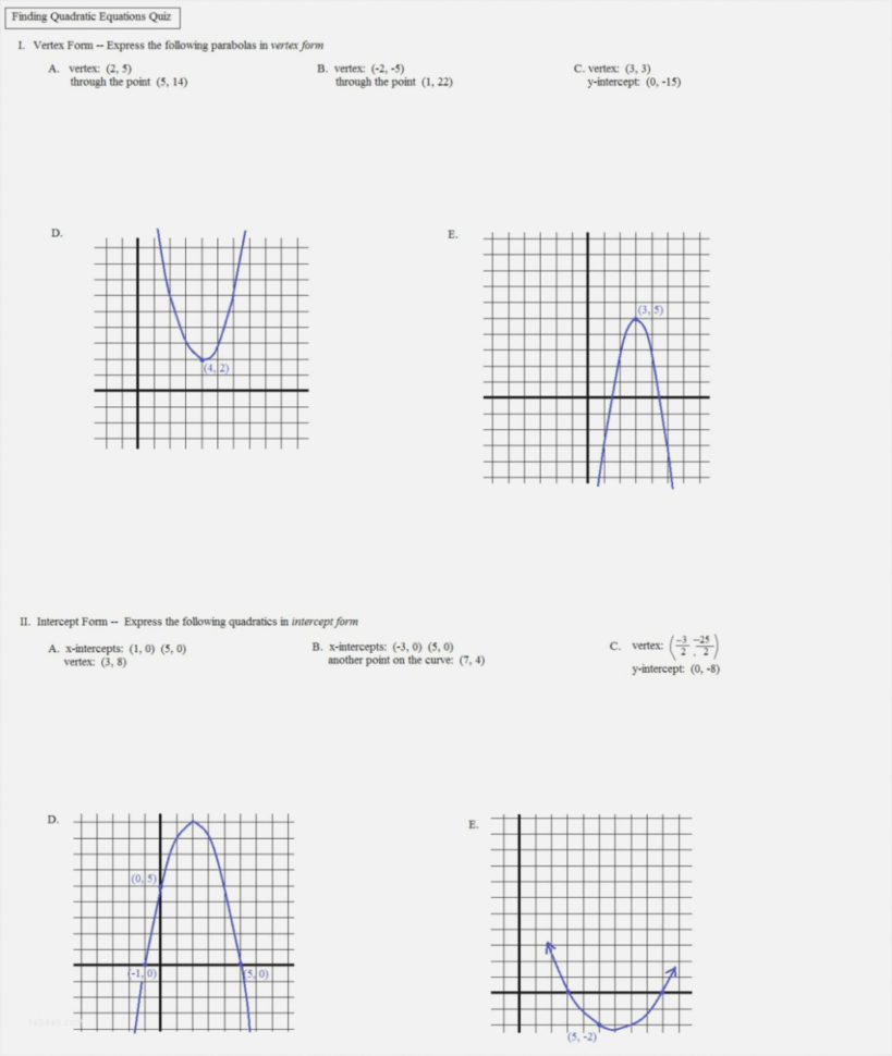 Graphing Quadratic Functions In Vertex Form Worksheet — Db