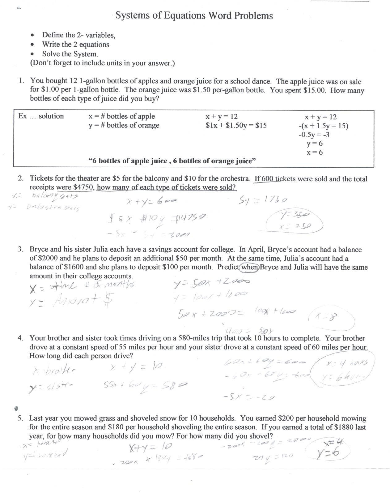 Solving Systems Of Equations Word Problems Worksheet Answer Key Db