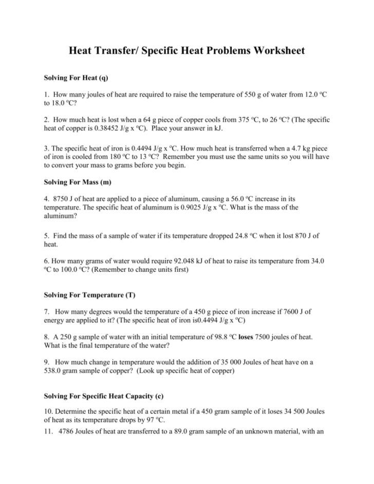 Heat Transfer Specific Heat Problems Worksheet — db-excel.com
