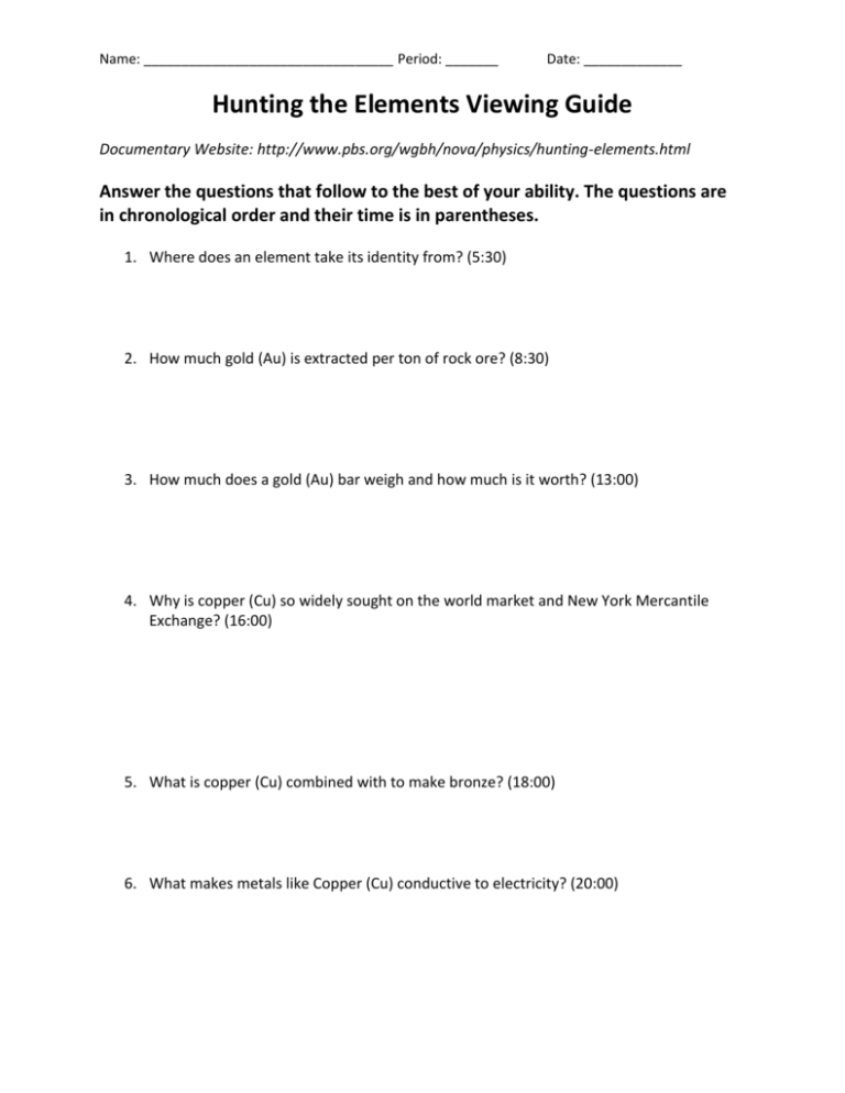Nova Hunting The Elements Worksheet Answers — db-excel.com